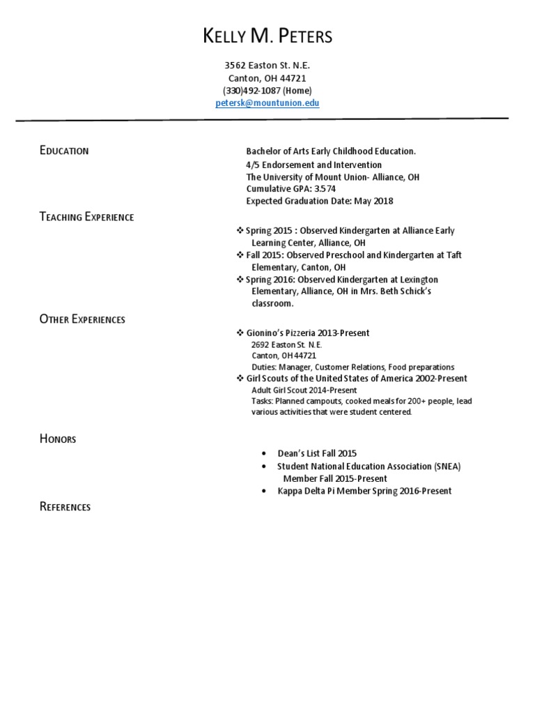 Kelly M. Peters - Early Childhood Educator Resume | PDF