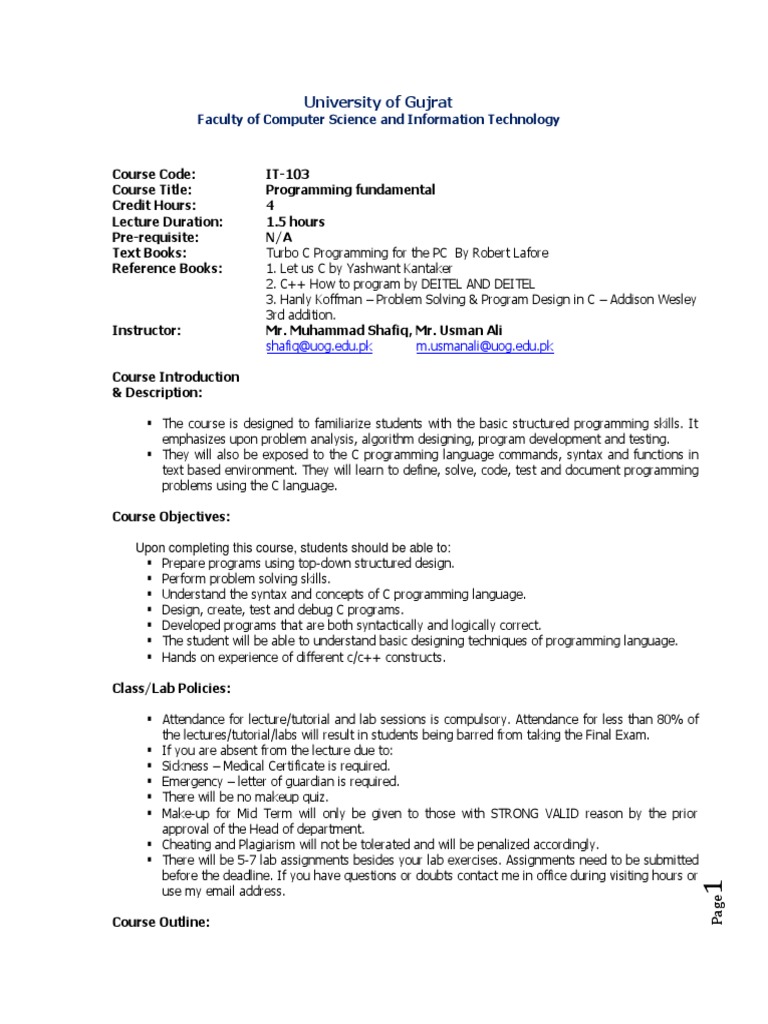 IT-103 Outline Programing Fundamentals | Download Free PDF | Control Flow | Subroutine