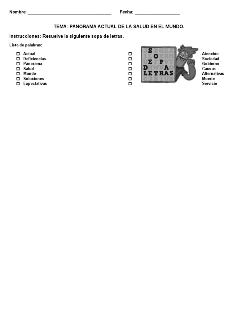 Tema: Panorama Actual de La Salud en El Mundo. Instrucciones: Resuelve ...