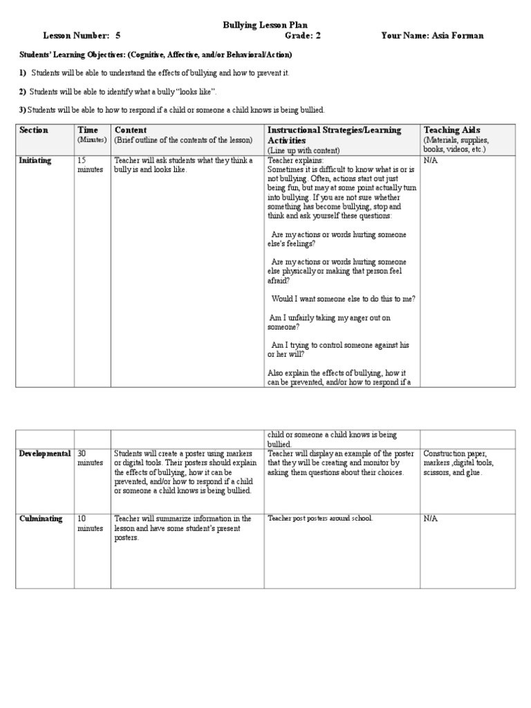 Bullying Prevention Lesson Plan for 2nd Grade | PDF