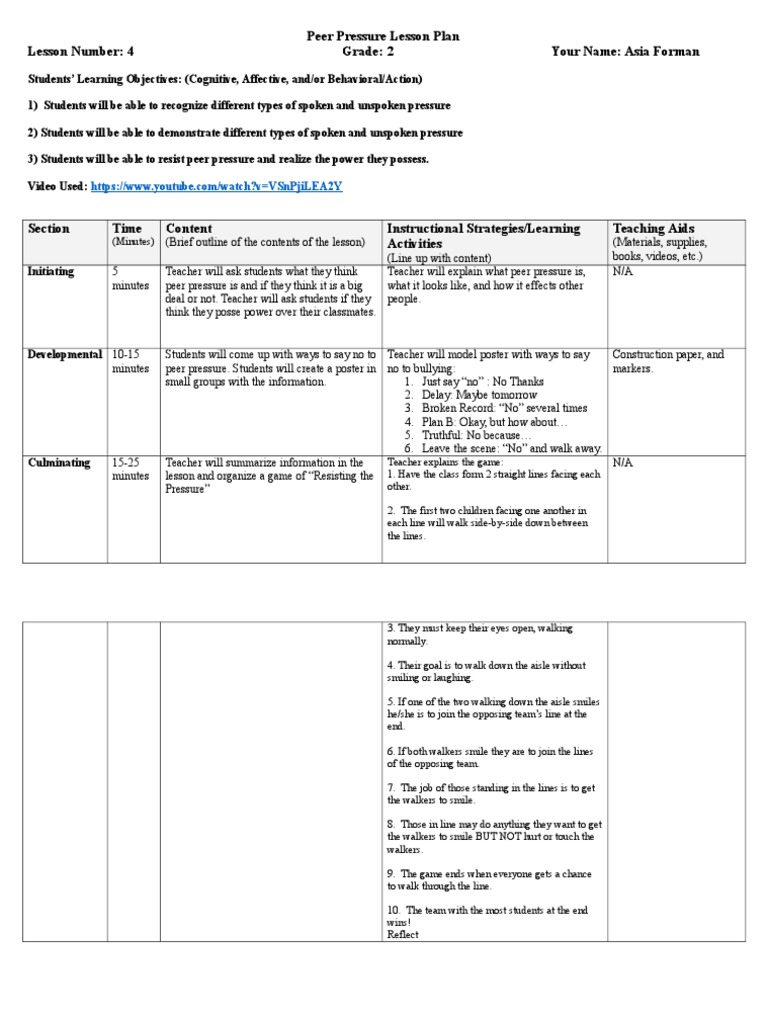 Peer Pressure Lesson Plan for Grade 2 | PDF