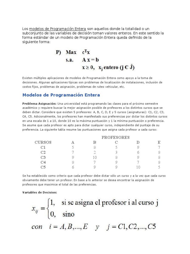 Modelos de Programación Entera: Profesores Cursos A B C D E C1 C2 C3 C4 ...
