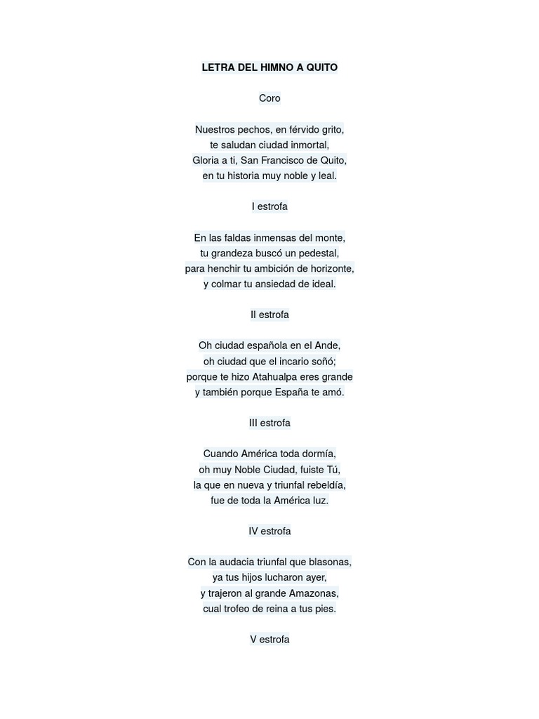 Letra Del Himno A Quito | PDF | Viajes y turismo