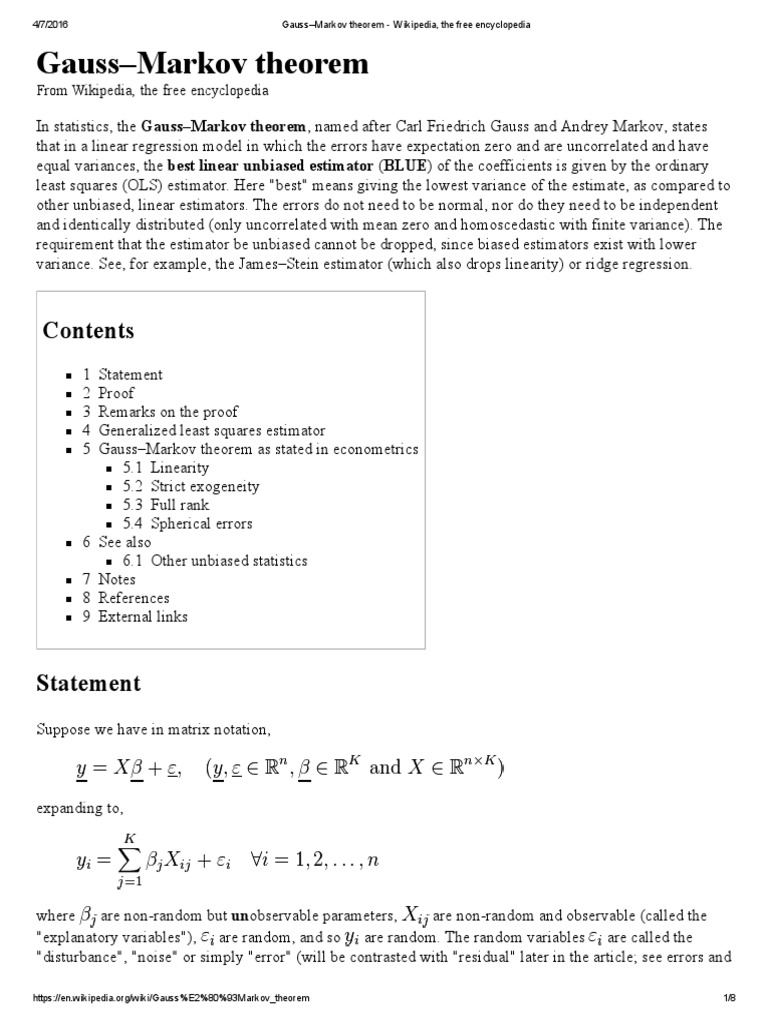 Gauss–Markov Theorem - Wikipedia, The Free Encyclopedia | Ordinary Least Squares | Multivariate ...