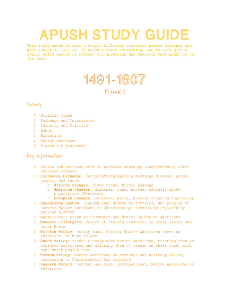 Apush Study Guide: Period 1 | PDF | American Civil War | Native ...