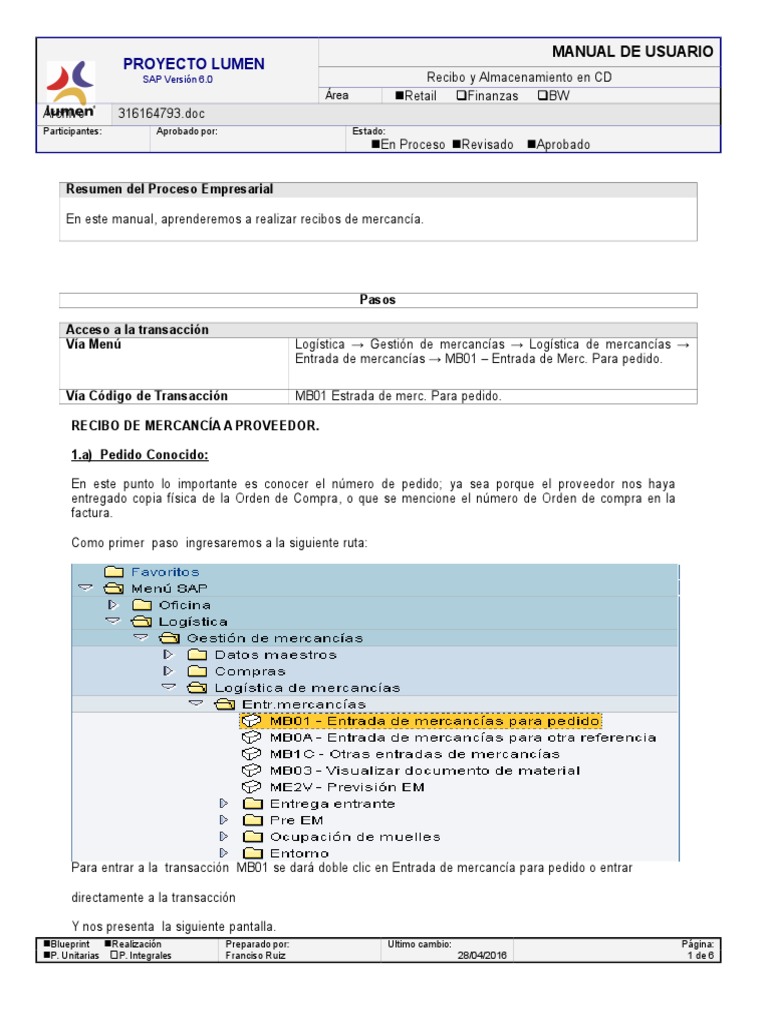 Manual de Usuario MB01 Entrada de Mercancia Servicio | PDF | Disco ...