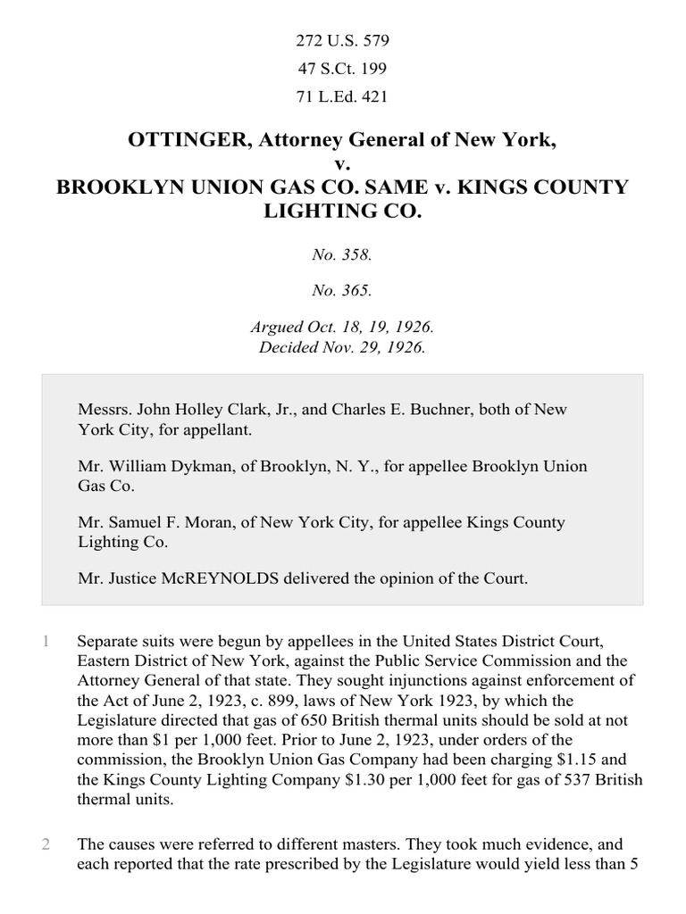 Ottinger v. Brooklyn Union Gas Co., 272 U.S. 579 (1926) | PDF ...
