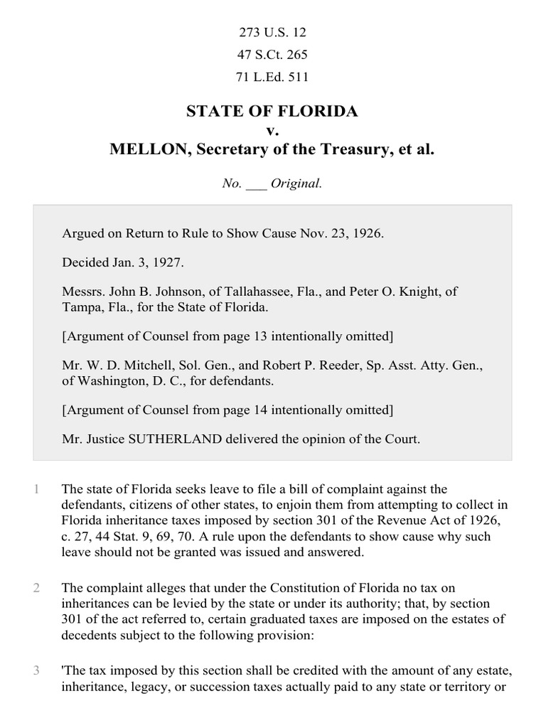 Florida v. Mellon, 273 U.S. 12 (1927) | PDF | Taxation In The United ...
