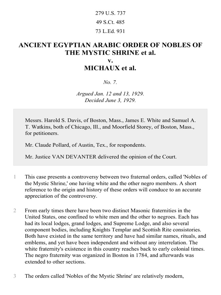 Ancient Egyptian Arabic Order of Nobles of Mystic Shrine v. Michaux ...