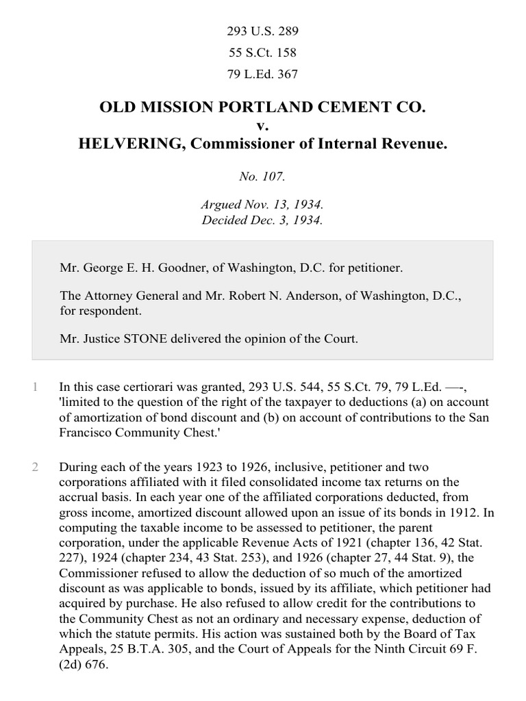 Old Mission Portland Cement Co. v. Helvering, 293 U.S. 289 (1934) | PDF ...