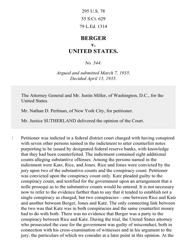 Berger v. United States, 295 U.S. 78 (1935) | Conspiracy (Criminal ...