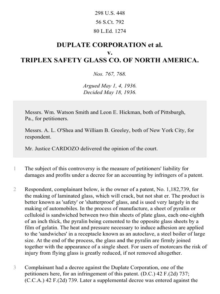 Duplate Corp. v. Triplex Safety Glass Co., 298 U.S. 448 (1936) | PDF ...