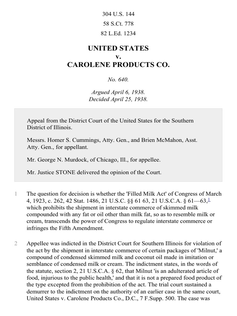 United States v. Carolene Products Co., 304 U.S. 144 (1938) | PDF ...