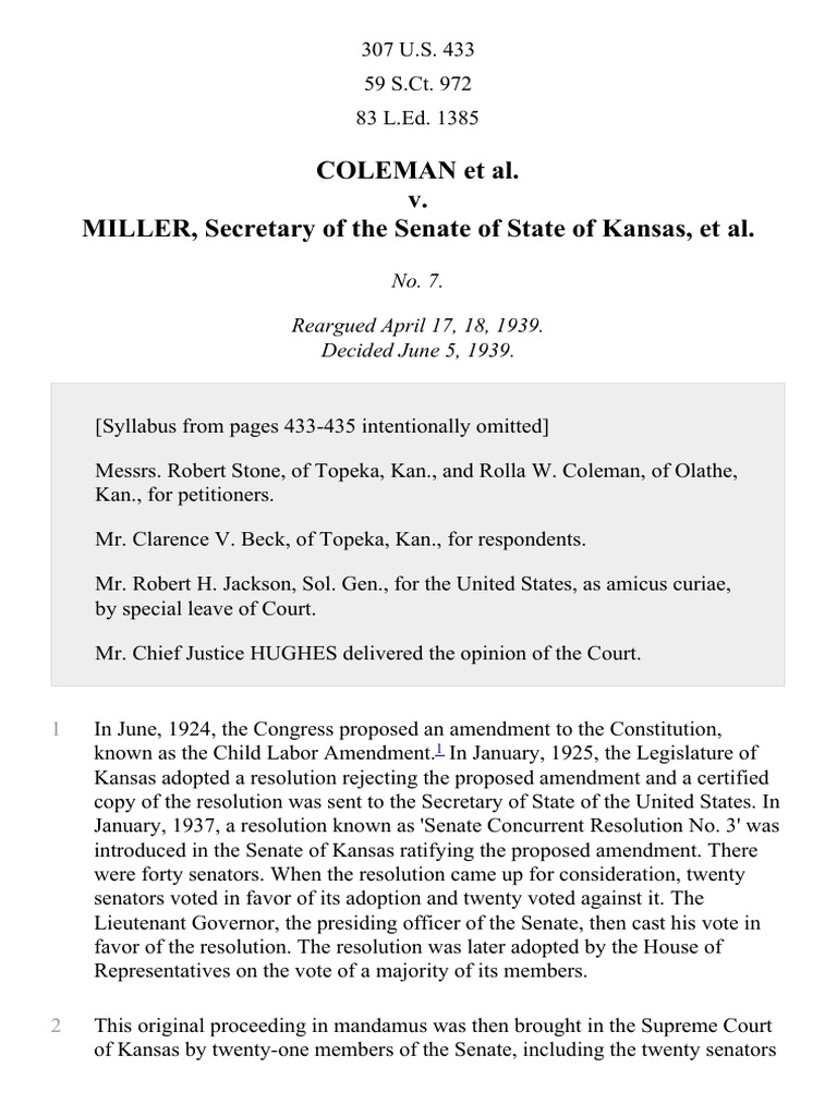 Coleman v. Miller: Child Labor Amendment Case | PDF | United States ...