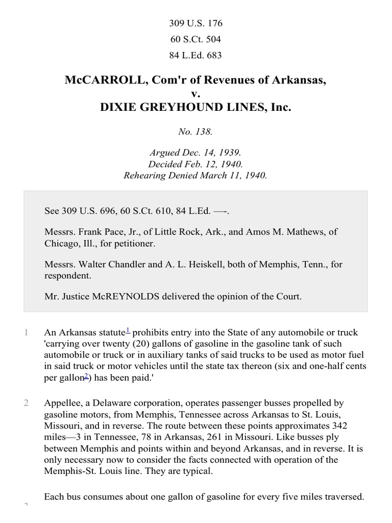 McCarroll v. Dixie Greyhound Lines, Inc., 309 U.S. 176 (1940) | PDF ...