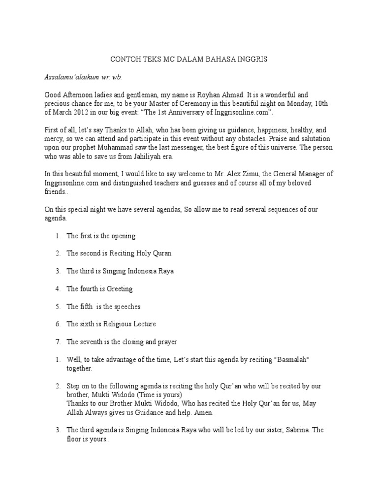 Contoh Teks MC Dalam Bahasa Inggris Inggrisonline.c0m | PDF | Islamic ...