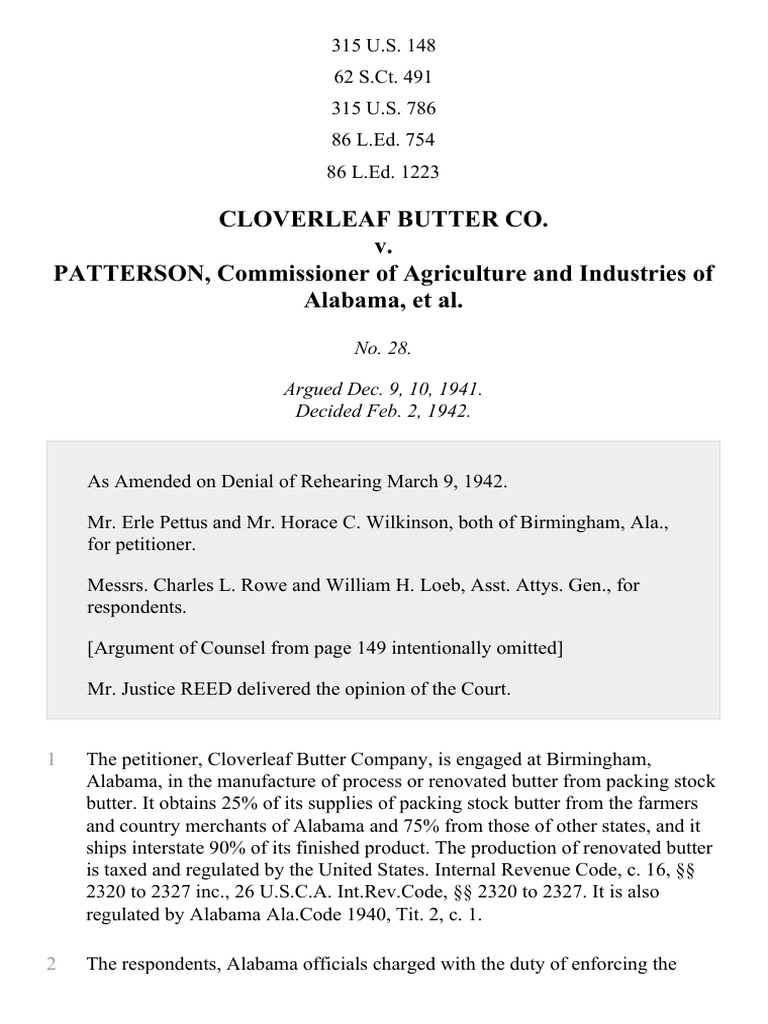 Cloverleaf Butter Co. v. Patterson, 315 U.S. 148 (1942) | PDF ...