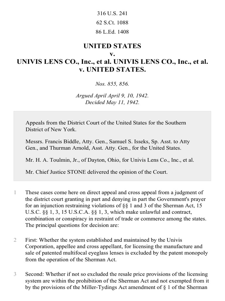 United States v. Univis Lens Co., 316 U.S. 241 (1942) | PDF | Glossary ...