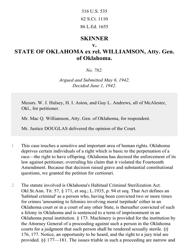 Skinner v. Oklahoma Ex Rel. Williamson, 316 U.S. 535 (1942) | PDF | Larceny | Due Process Clause