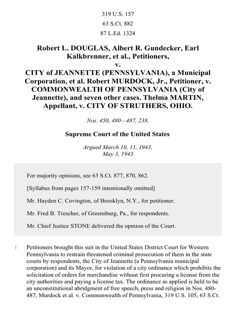 Douglas v. City of Jeannette, 319 U.S. 157 (1943) | PDF | Supreme Court ...