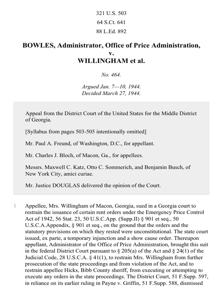 Bowles v. Willingham, 321 U.S. 503 (1944) | PDF | Supreme Court Of The ...