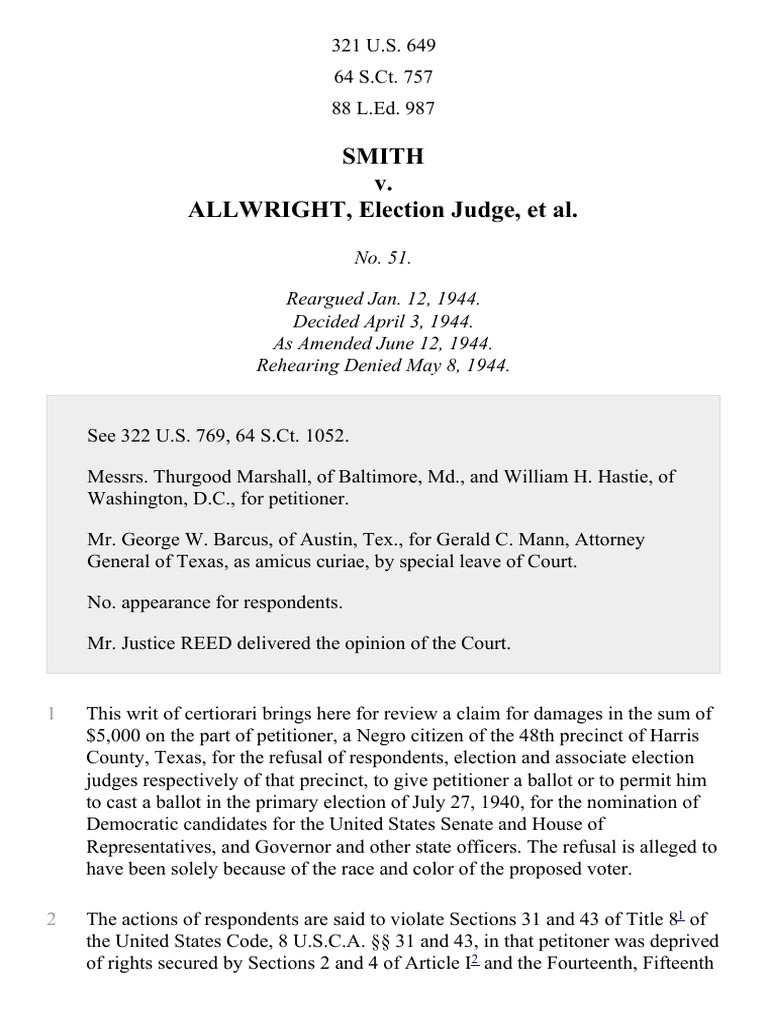 Smith v. Allwright: 1944 Voting Rights Case | PDF | Fourteenth ...