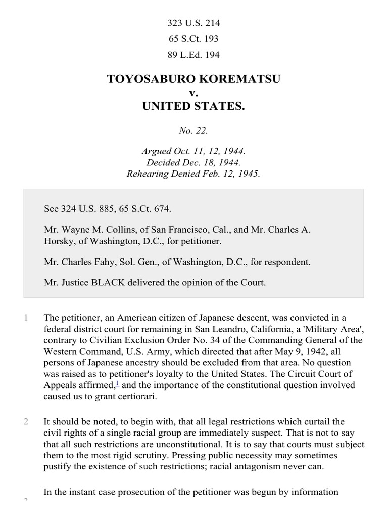 Korematsu v. United States, 323 U.S. 214 (1945) | PDF | Internment Of ...