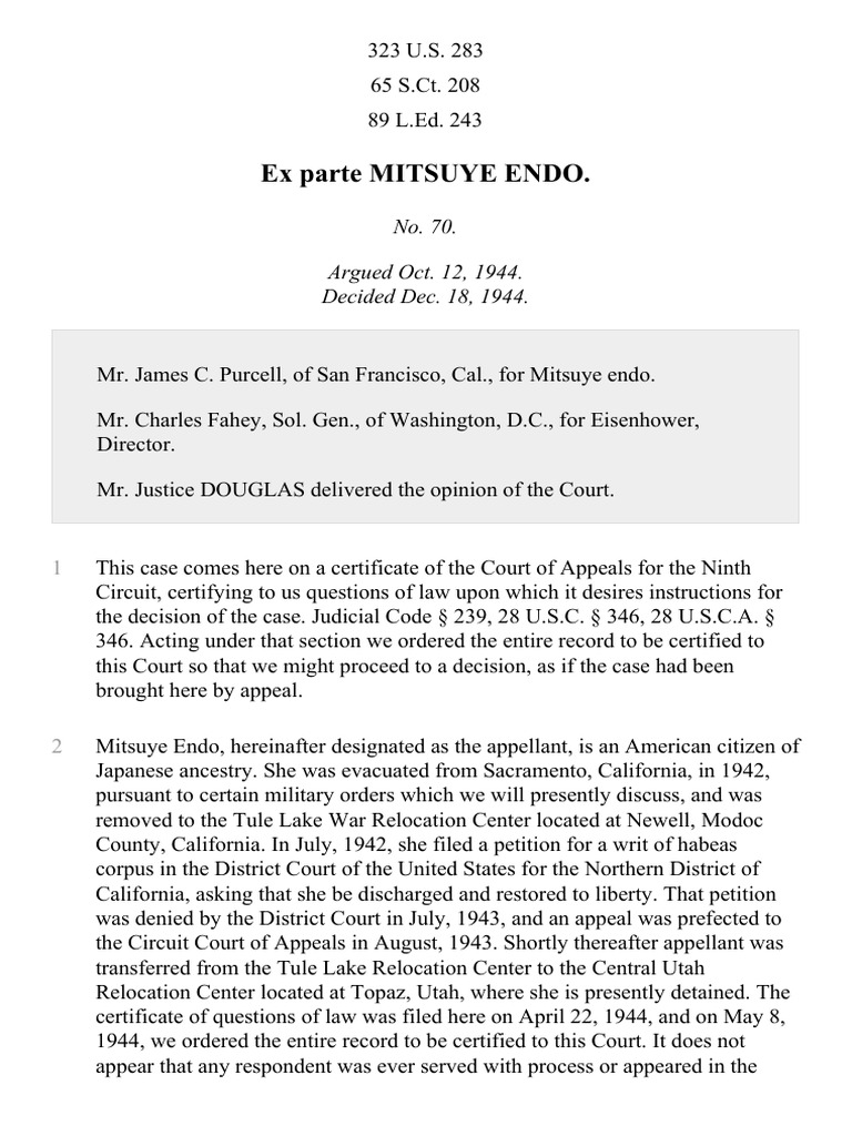 Ex Parte Endo, 323 U.S. 283 (1945) | PDF | United States Constitution ...