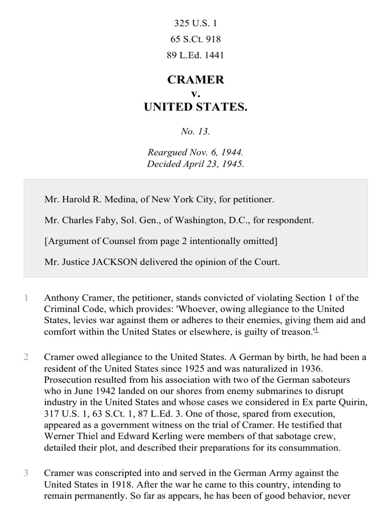 Cramer v. United States, 325 U.S. 1 (1945) | PDF | Treason | Evidence (Law)