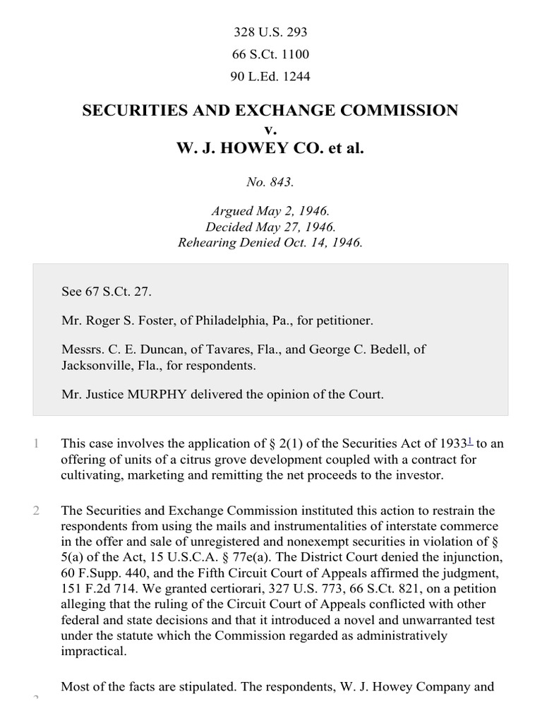 SEC v. W.J. Howey Co. Case Summary | PDF | Securities Act Of 1933 ...