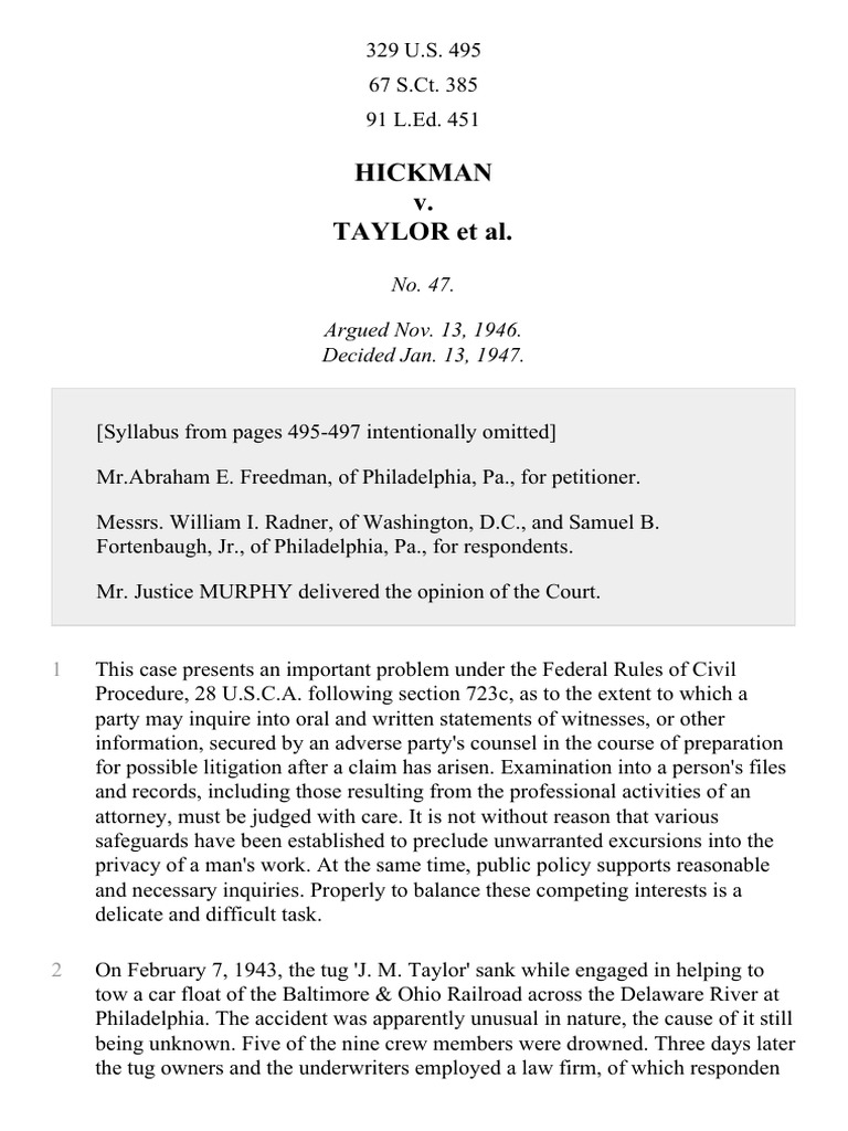 Hickman v. Taylor: Discovery Privilege Case | PDF | Discovery (Law ...