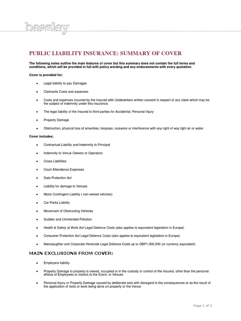Public Liability Insurance: Summary Of Cover: Main Exclusions From ...