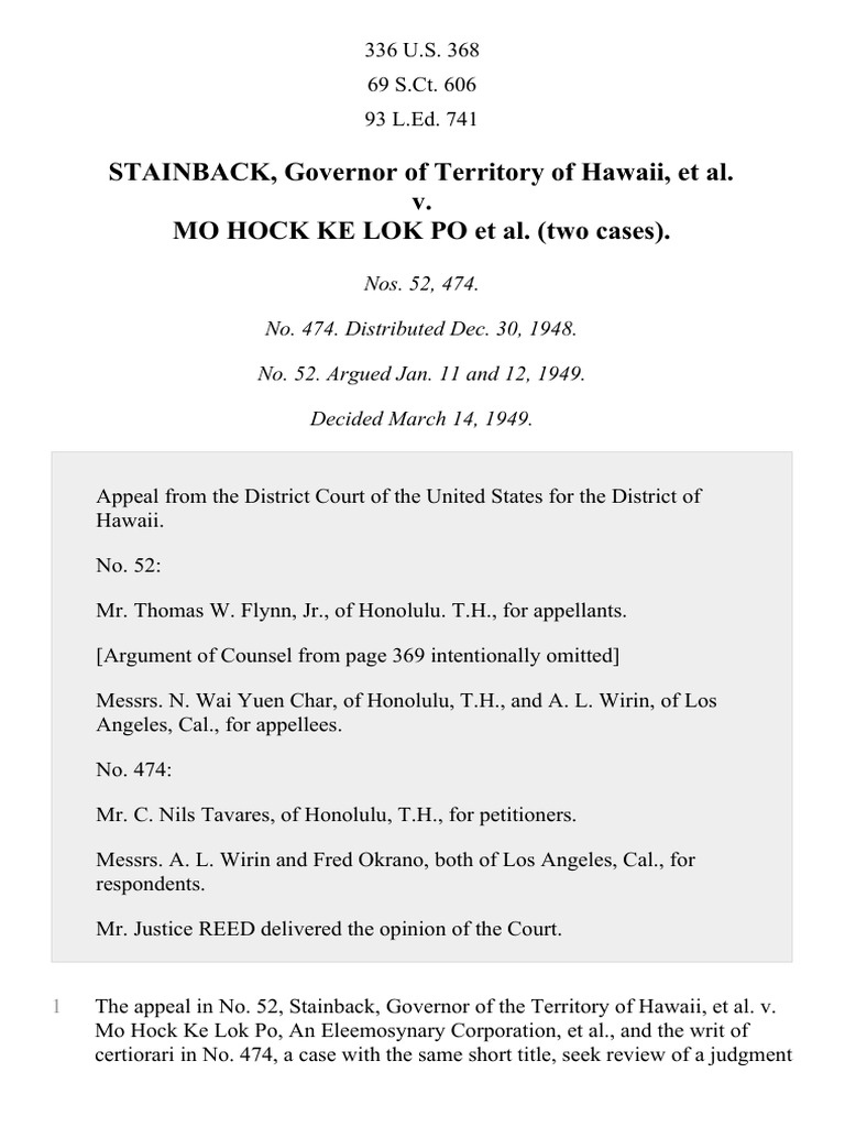 Stainback v. Mo Hock Ke Lok Po, 336 U.S. 368 (1949) | PDF | Certiorari ...
