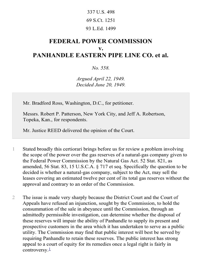 FPC v. Panhandle Eastern Pipe Line Co., 337 U.S. 498 (1949) | PDF ...