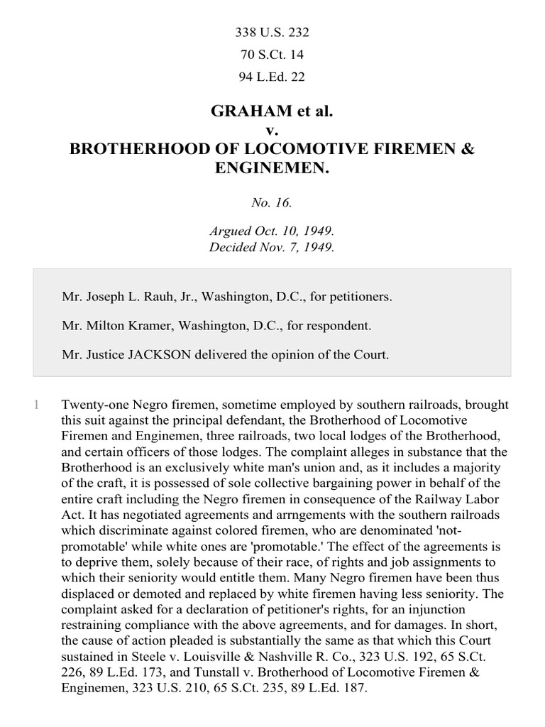 Graham v. Locomotive Firemen, 338 U.S. 232 (1949) | PDF | Supreme Court ...