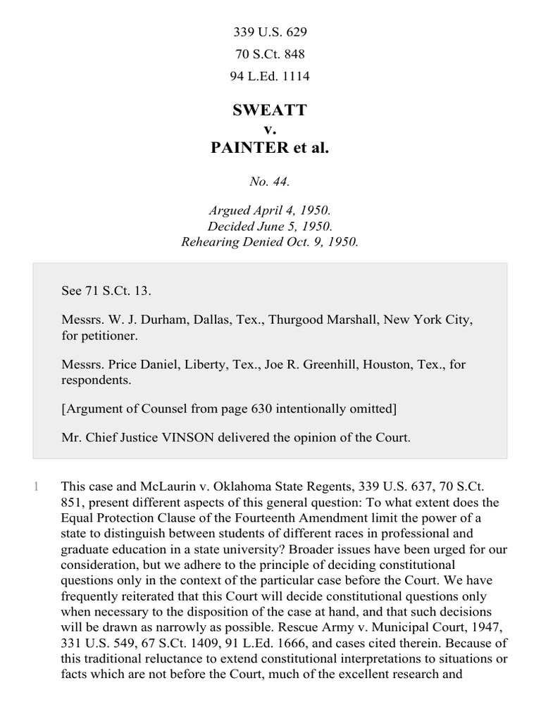 Sweatt v. Painter, 339 U.S. 629 (1950) | PDF | Equal Protection Clause ...