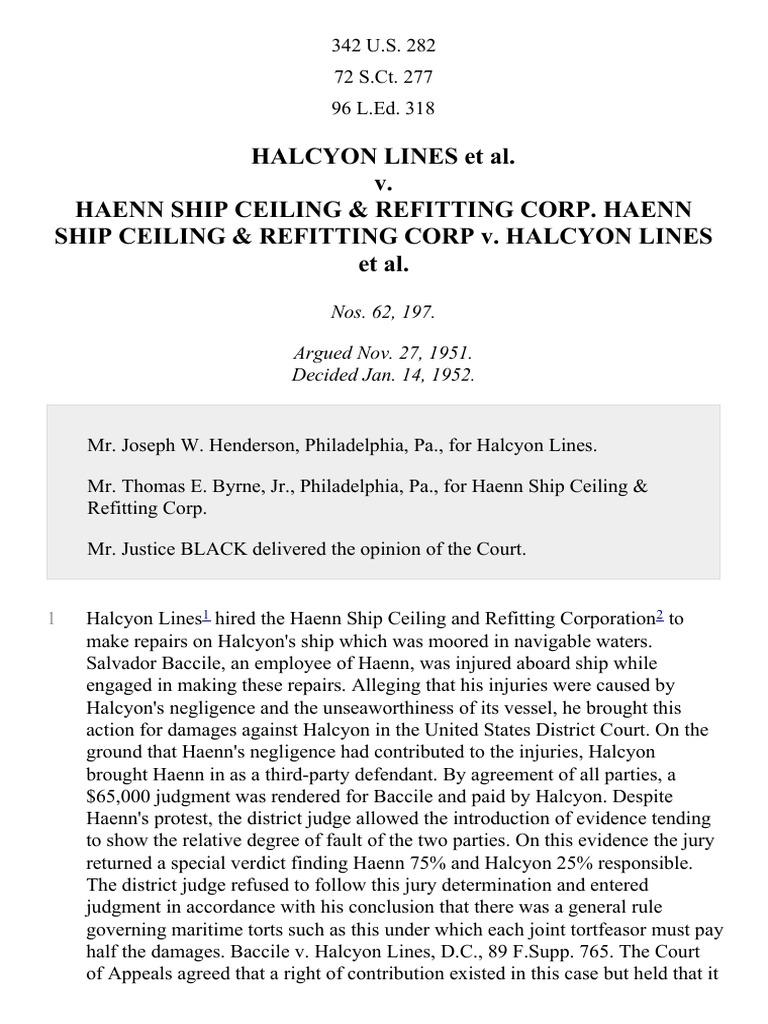 Halcyon Lines v. Haenn Ship Ceiling & Refitting Corp., 342 U.S. 282 ...