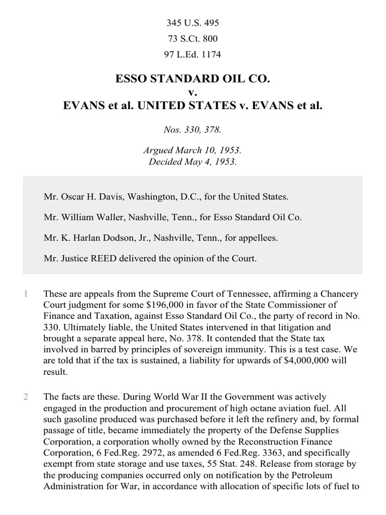Esso Standard Oil Co. v. Evans, 345 U.S. 495 (1953) | PDF | Supreme ...