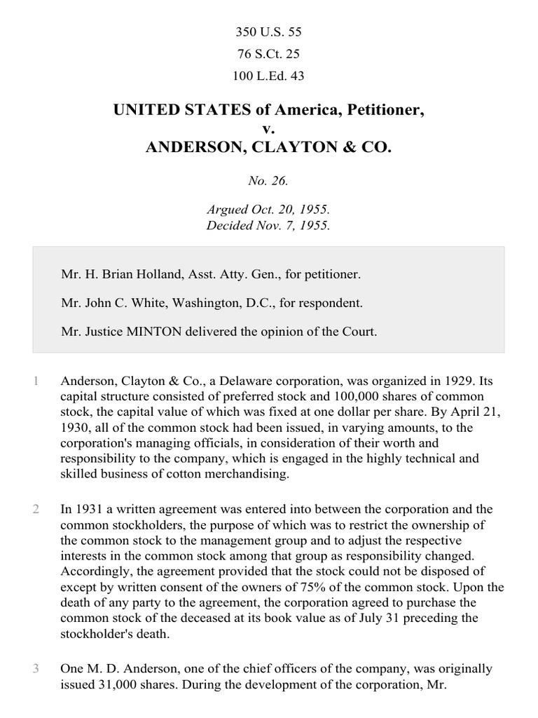 United States v. Anderson, Clayton & Co., 350 U.S. 55 (1955) | Stocks ...