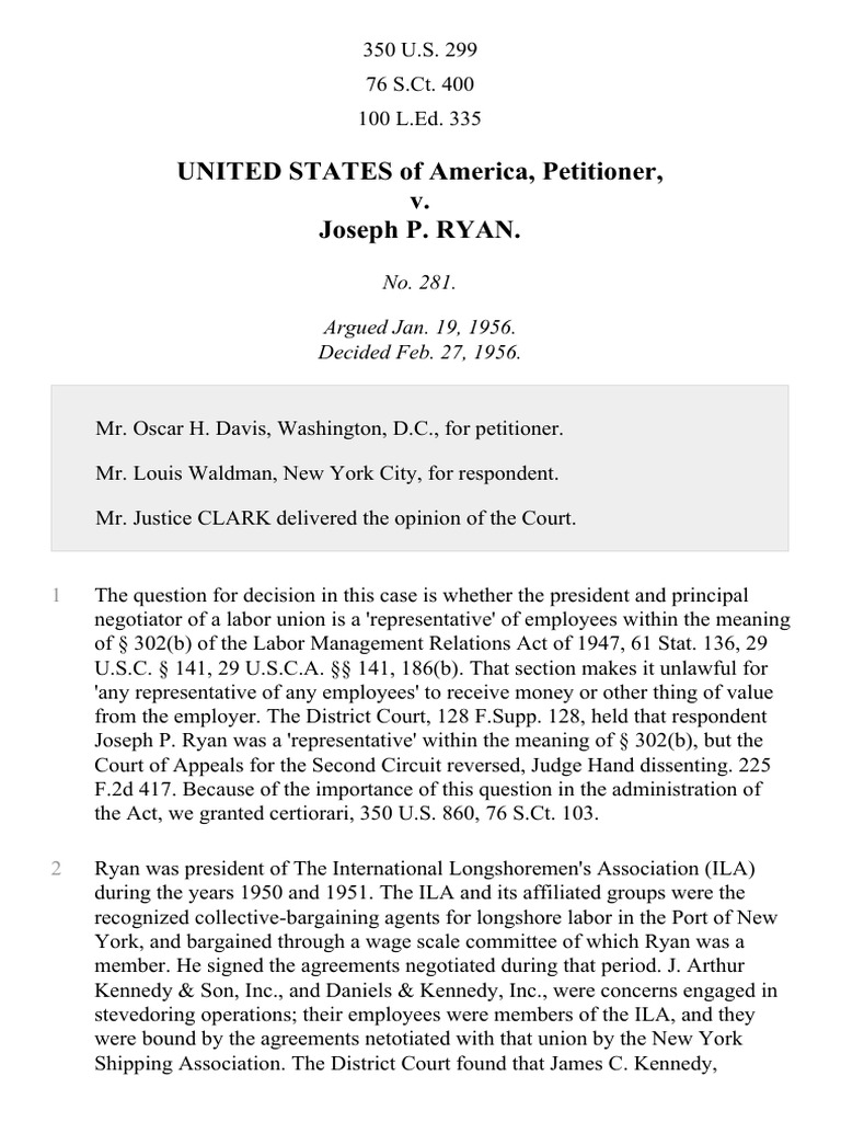 United States v. Ryan, 350 U.S. 299 (1956) | PDF | Employment | Supreme ...