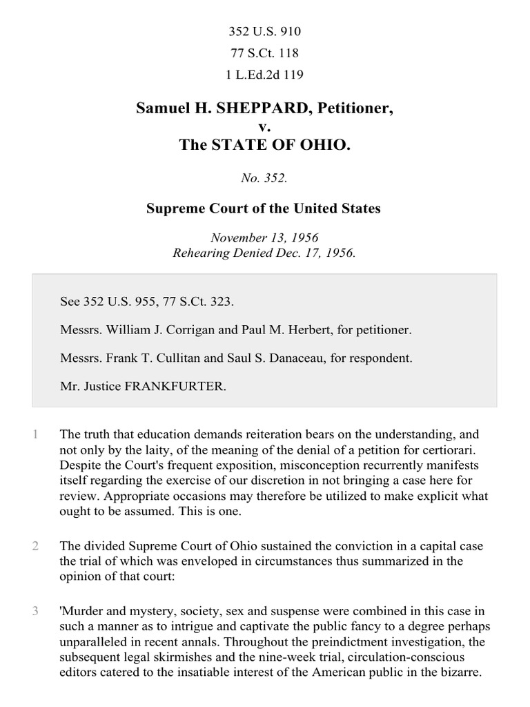 Samuel H. Sheppard v. The State of Ohio, 352 U.S. 910 (1956) | PDF ...