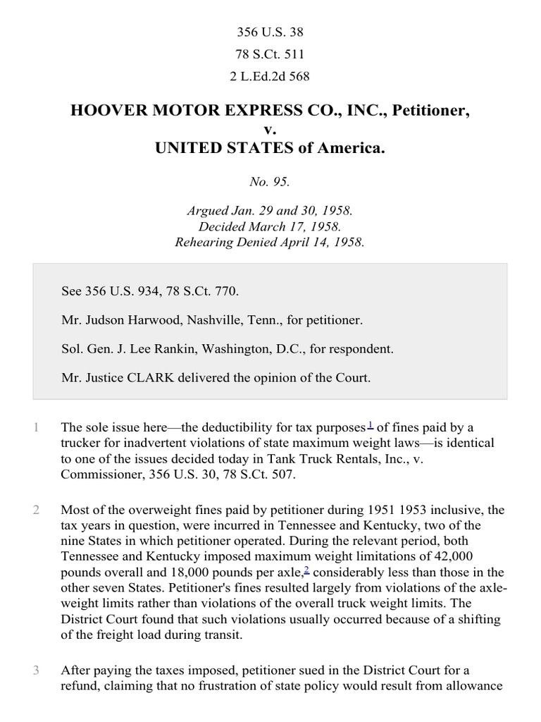 Hoover Motor Express Co. v. United States, 356 U.S. 38 (1958) | PDF ...
