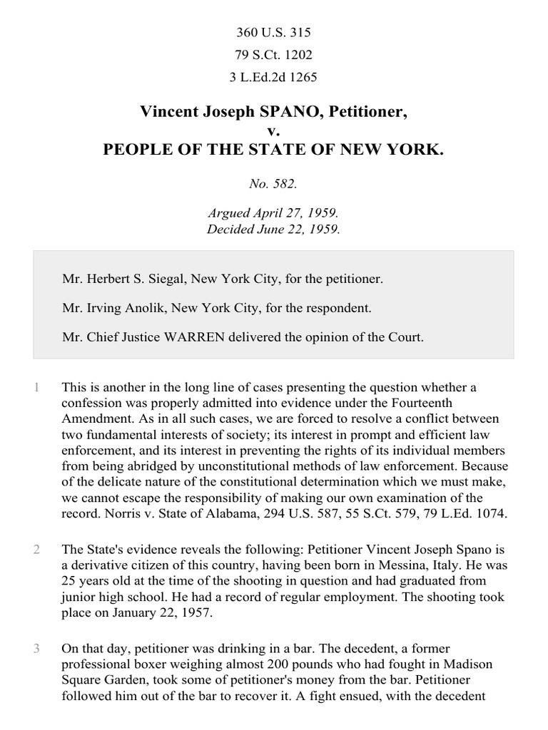 Spano v. New York: Confession Case Analysis | PDF | Confession (Law ...