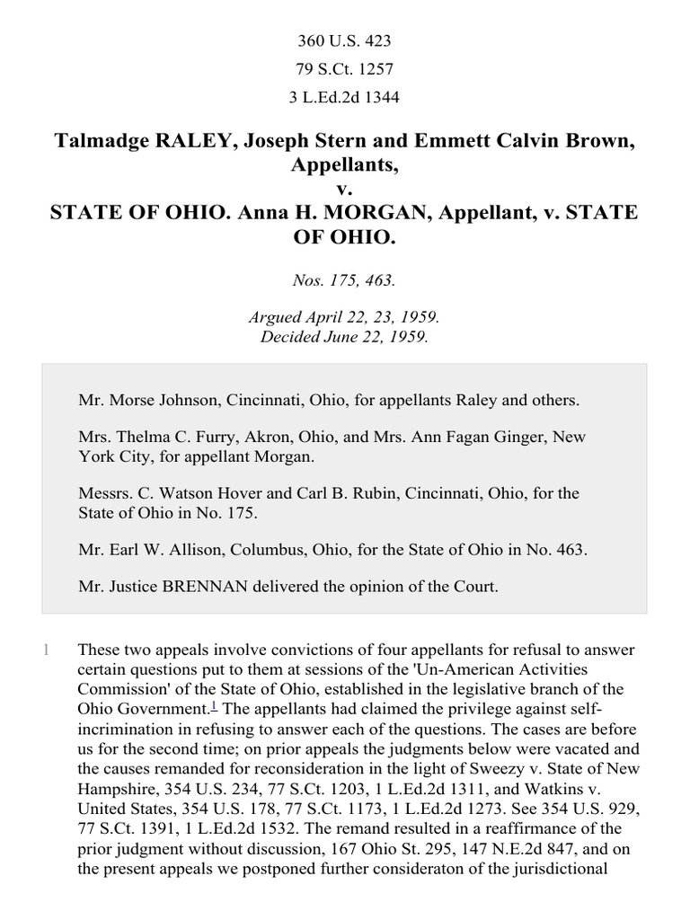 Raley v. Ohio, 360 U.S. 423 (1959) | PDF | Fifth Amendment To The ...