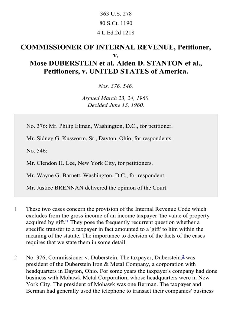 Commissioner v. Duberstein, 363 U.S. 278 (1960) | PDF | Supreme Court ...