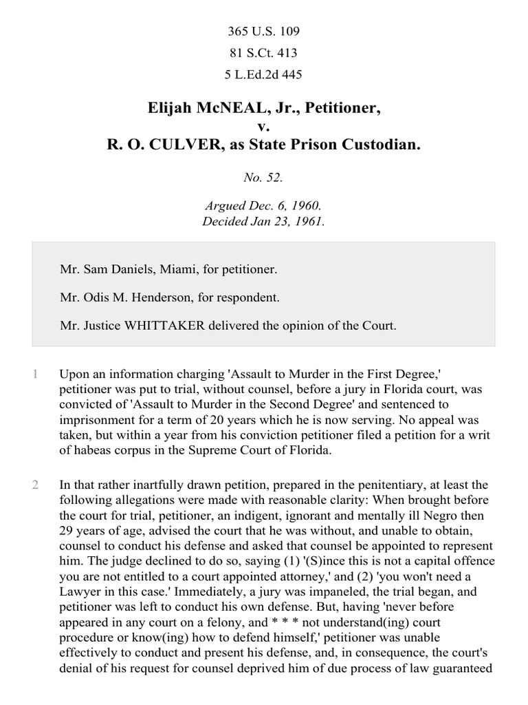 McNeal v. Culver, 365 U.S. 109 (1961) | PDF | Insanity Defense | Assault