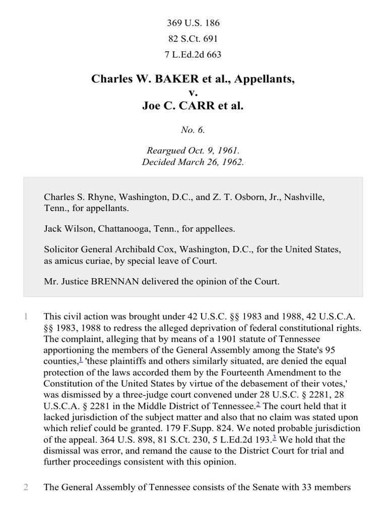 Baker v. Carr, 369 U.S. 186 (1962) | PDF | United States Constitution ...