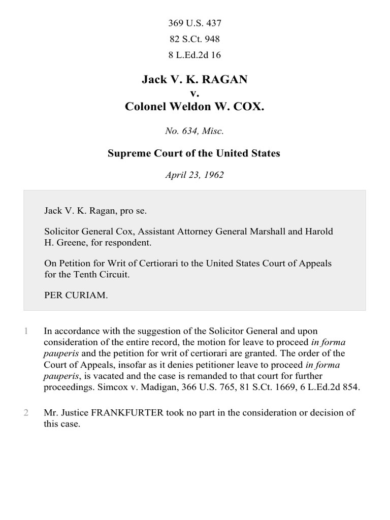 Supreme Court Ragan v. Cox Case Summary | PDF | Law