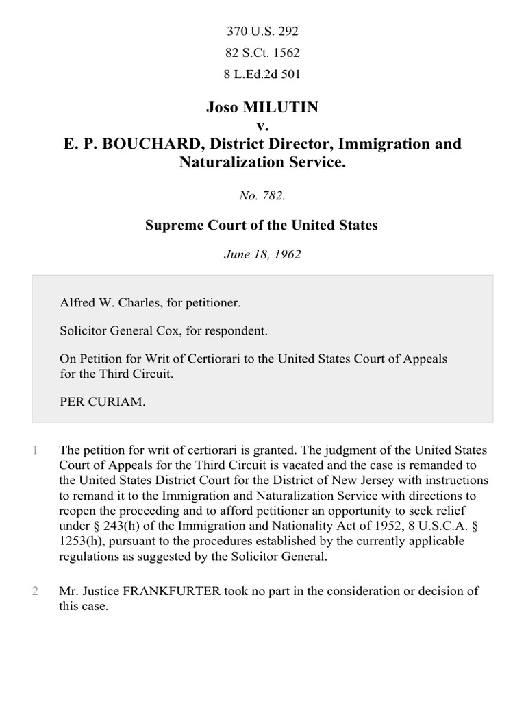 Milutin v. Bouchard, 370 U.S. 292 (1962) | PDF | Law