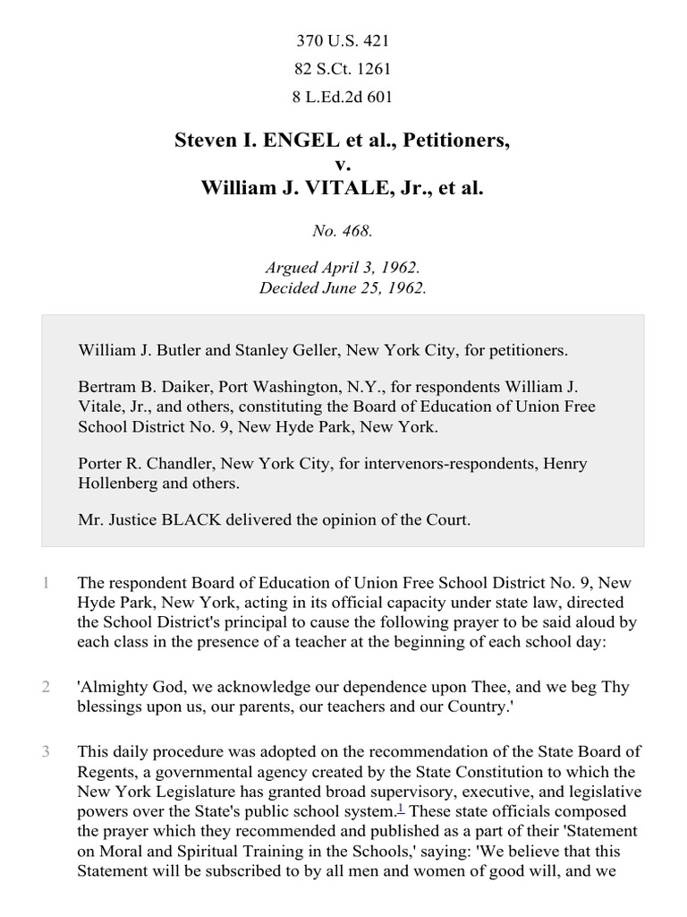 Engel v. Vitale, 370 U.S. 421 (1962) | PDF | Establishment Clause ...